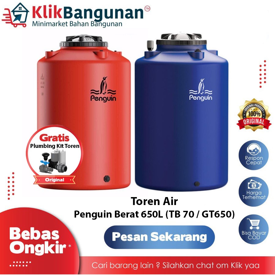 Jual TOREN PENGUIN 650 LITER TB-70 GT-650 GRATIS PLUMBING KIT TOREN ...