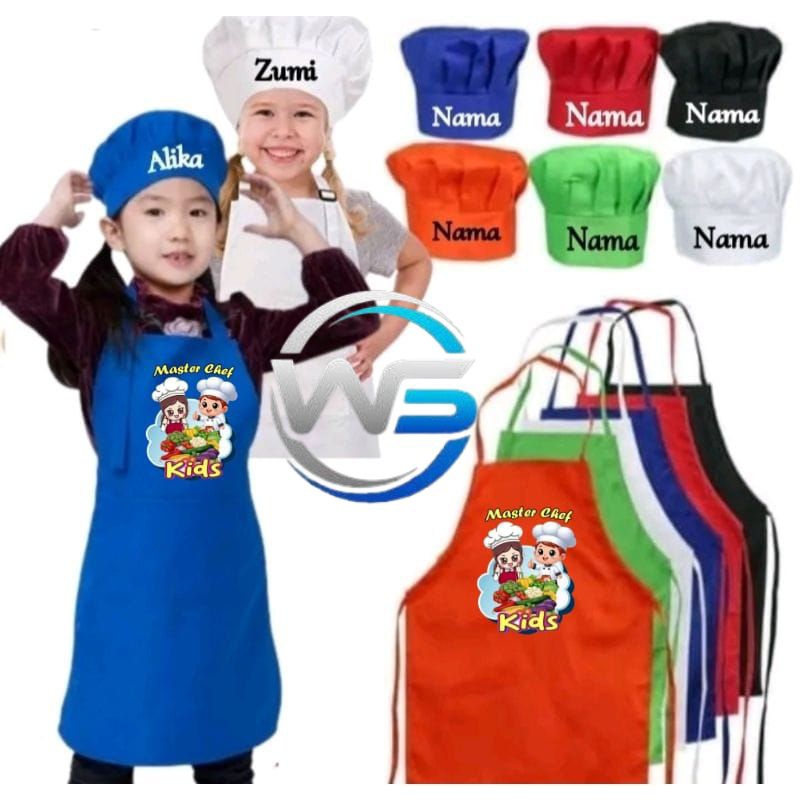 Jual celemek/apron anak-anak +topi koki nama suka-suka | Shopee Indonesia