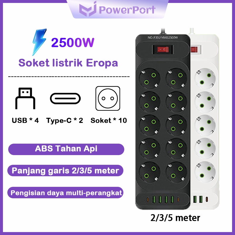 Jual PowerPort Soket Listrik Eropa 2500W Power Strip Power Socket Stop Kontak colokan USB ...