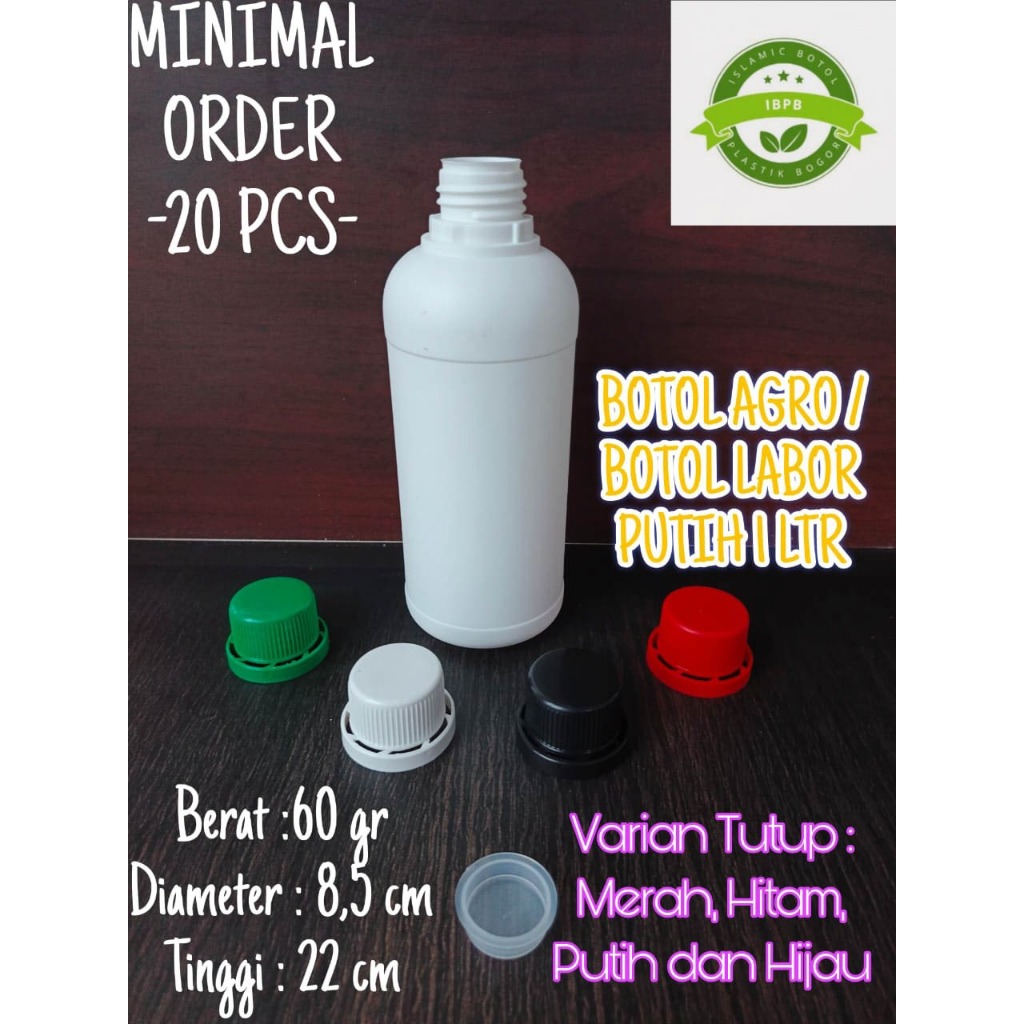 Jual Botol Agro 1 Liter Putih//Botol Labor 1000 ML Putih//HDPE || Tutup Hijau,Hitam,Putih Dan ...