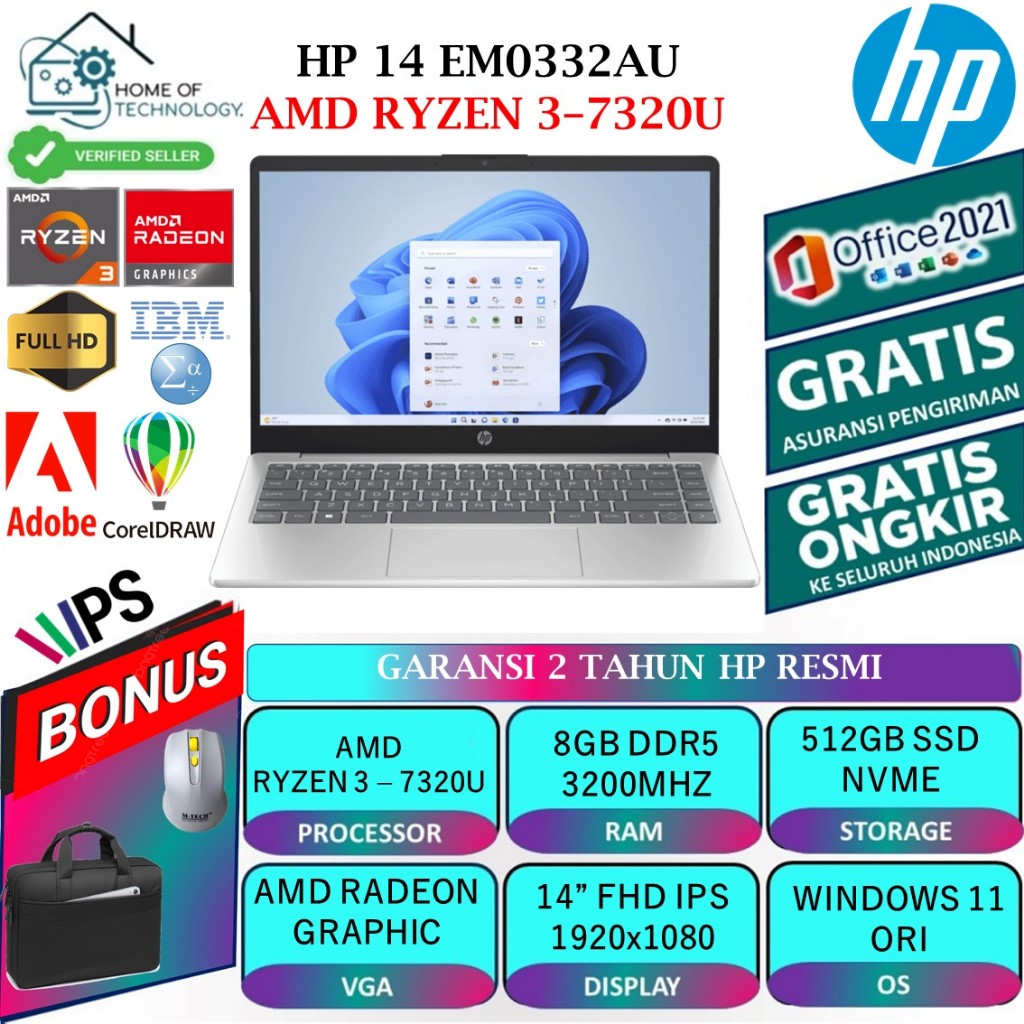 Jual HP 14 EM0332AU AMD RYZEN 3 7320U RAM 8GB DDR5 1TB SSD FHD CAM ...