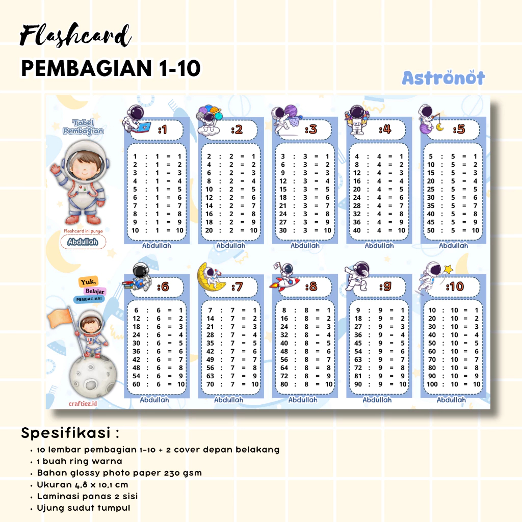 Jual FlashCard Tabel Pembagian 1-10 Bisa Custom Nama | Shopee Indonesia