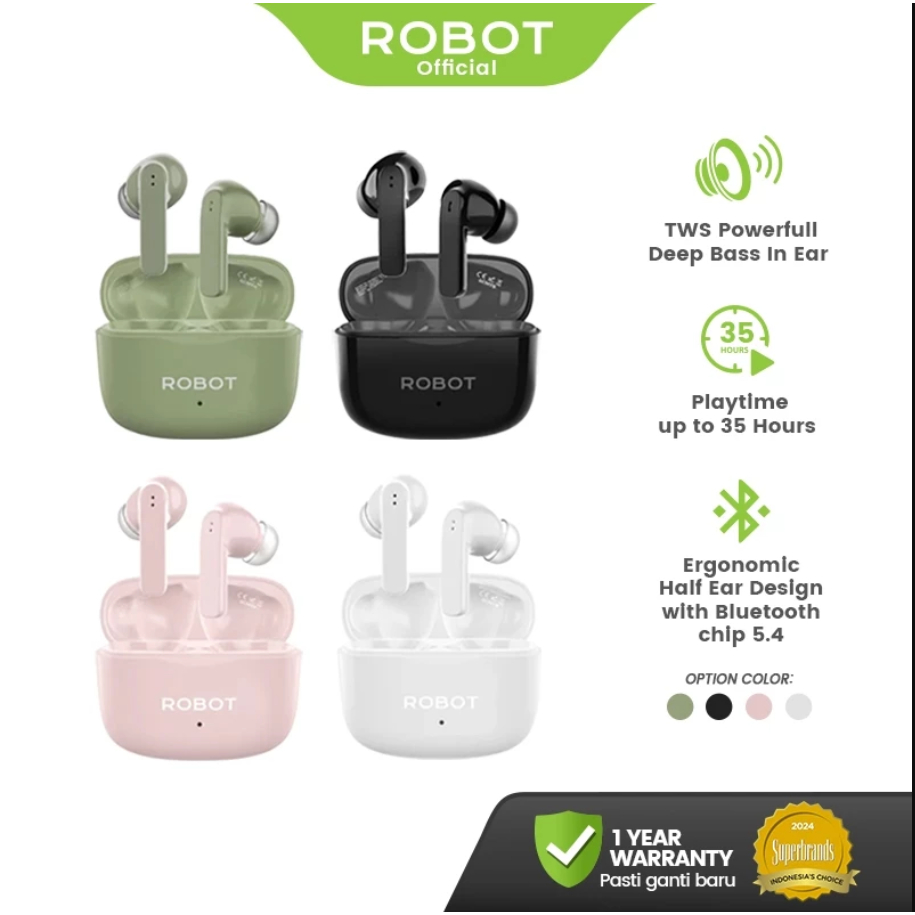 Jual ROBOT TWS Earphone Airbuds T70E Deep Bass Bluetooth 5.4 Original ...