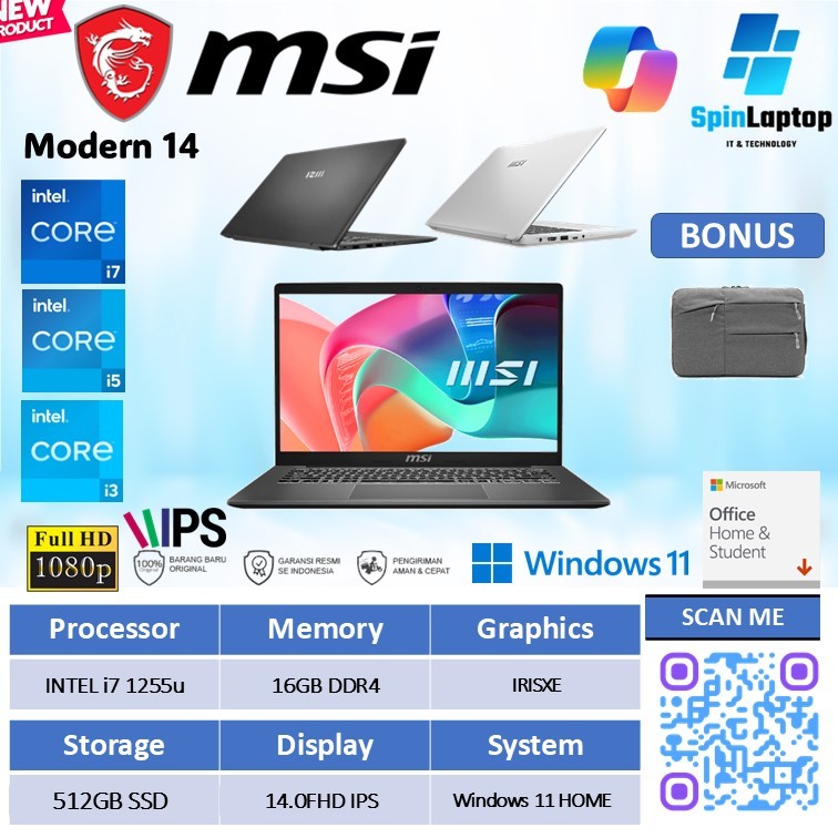 Jual LAPTOP MSI MODERN 14 CORE I7 1255U RAM 16GB SSD 512GB WINDOWS 11 OHS FHD IPS BLIT | Shopee ...