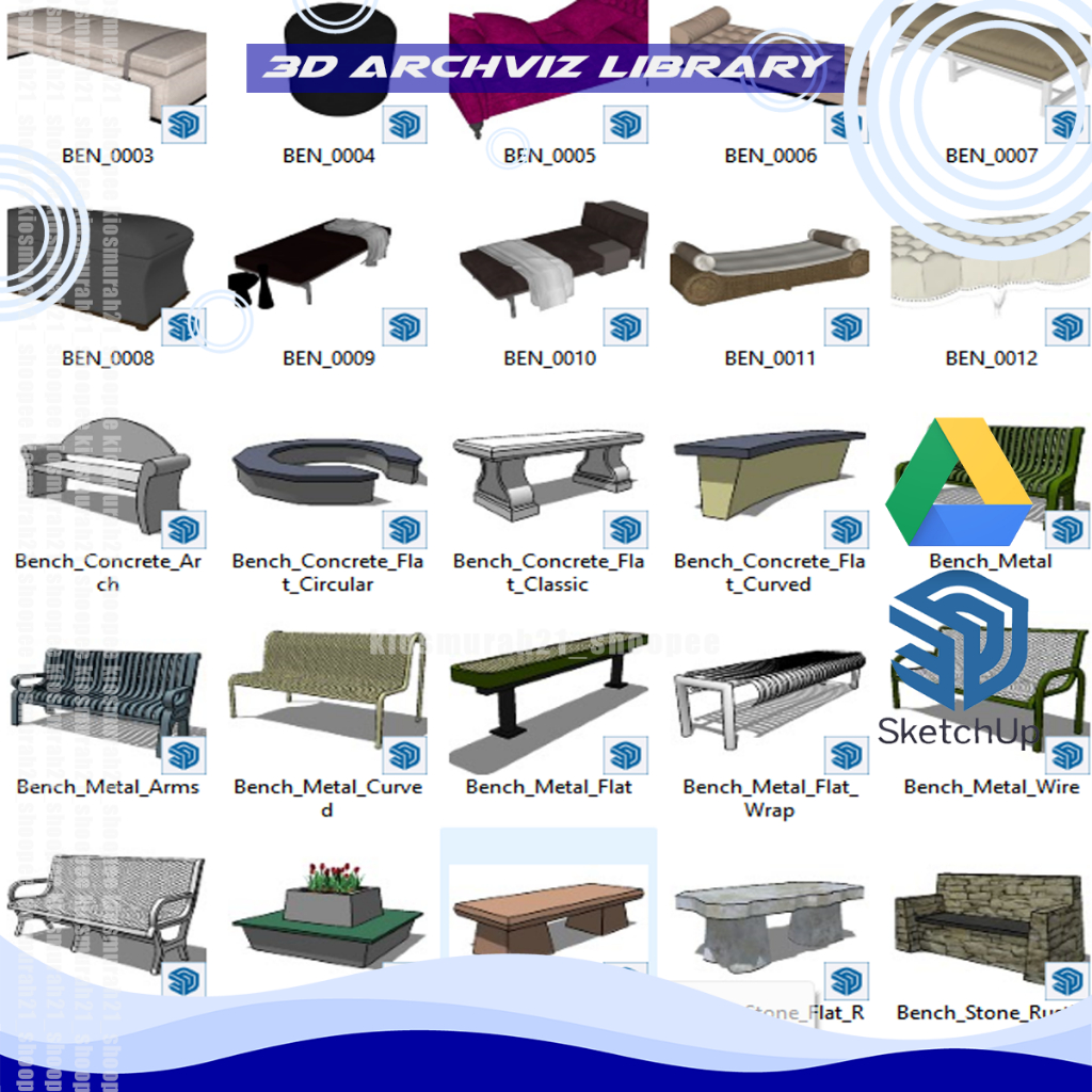 Jual 142 Chair Pack Bench & Other Soft Seating Sketchup Model Asset ...