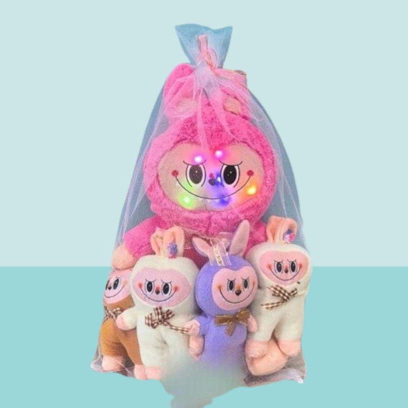 Jual boneka labubu beranak 4pcs, induk labubu sudah lengkap lampu led ...