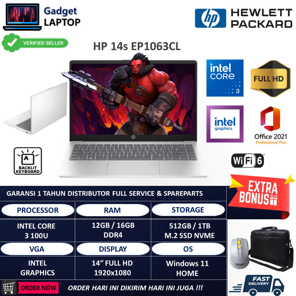 Jual Laptop Hp 14s EP1063CL Intel Core 3 100U 16GB 1TB Full HD Backlit ...