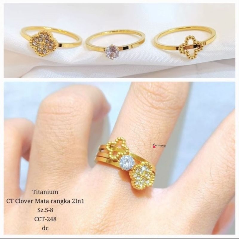 Jual Cincin Wanita Clover Mata Rangka 2 In 1 Titanium Gold Perhiasan ...