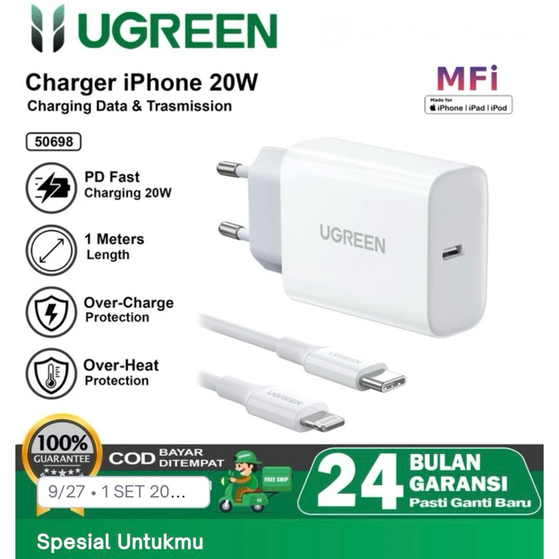 Jual UGREEN Charger IPhone Lightning MFI PD Type C Fast Charging 20W - 1 Set 20W White | Shopee ...
