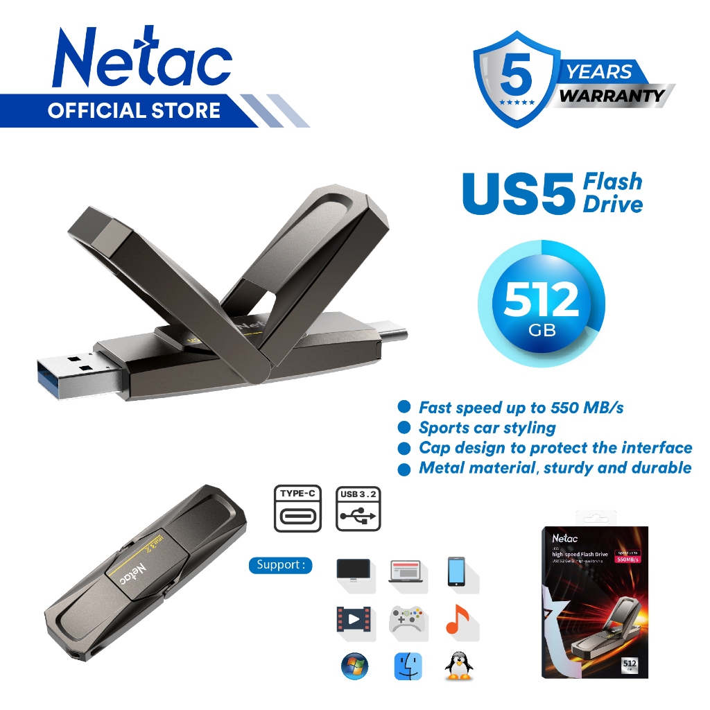 Jual Netac OTG Flashdisk US5 USB 3.2 + Type C Solid State Flash Drive 512GB Dual Flash Disk ...