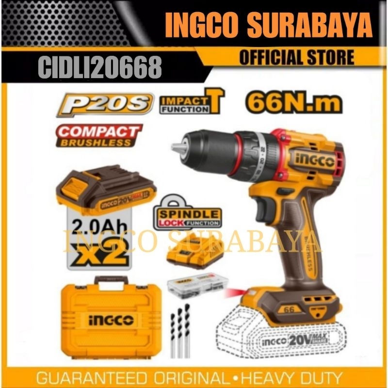 Jual INGCO CIDLI20668 P20S IMPACT DRILL CORDLES BRUSHLESS 13MM 66NM MESIB BOR KAYU BESI TEMBOK ...