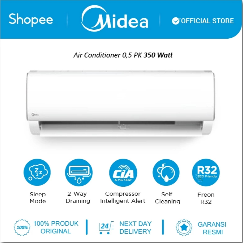 Jual MIDEA Air Conditioner AC 0,5 PK Standarad MSAF-05CRN2X | Shopee Indonesia