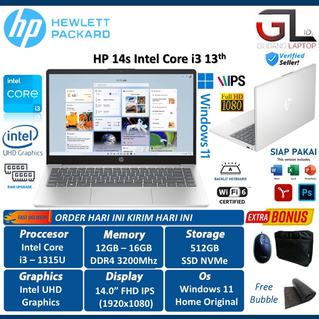 Jual Laptop Slim HP 14 Intel Core i3 1315U Gen 13 RAM 32GB 1TB SSD 14 ...