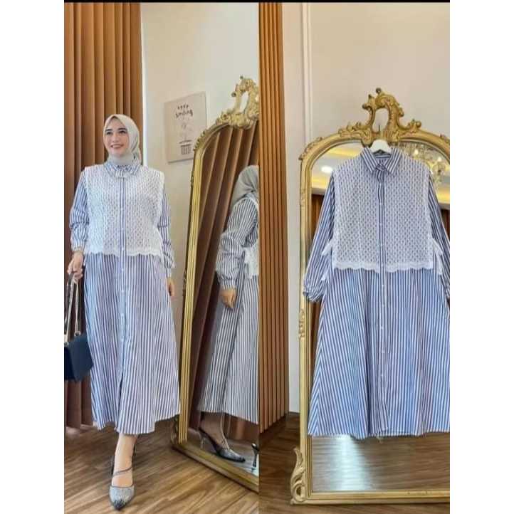 Jual ADLIS MIDI DRESS, SALUR MIX BRUKAT DRESS WANITA KEKINIAN BUSUI FRENDLY MIDI DRESS KATUN ...
