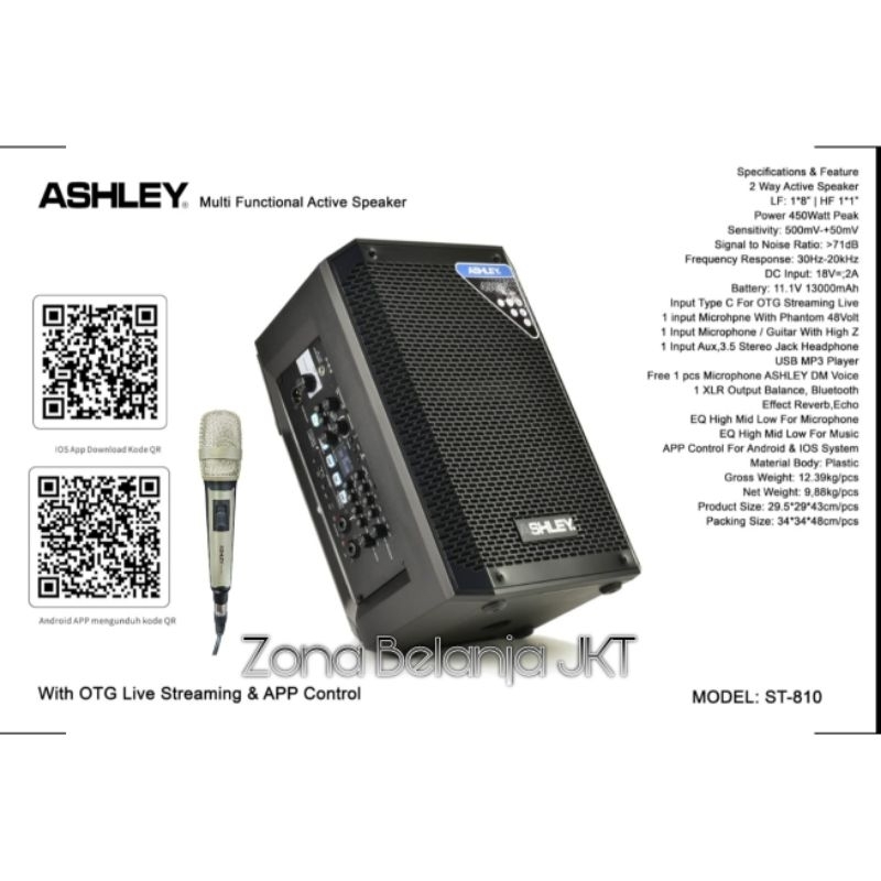 Jual SPEAKER PORTABLE ASHLEY ST 810 8 INCH 450 WATT AKTIF MULTIFUNGSI ...