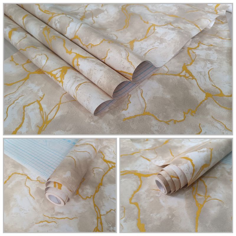 Jual Wallpaper Sticker Dinding Motif Marmer Kream Abu Muda Gold Emas Berbahan PVC Sudah Ada Lem ...