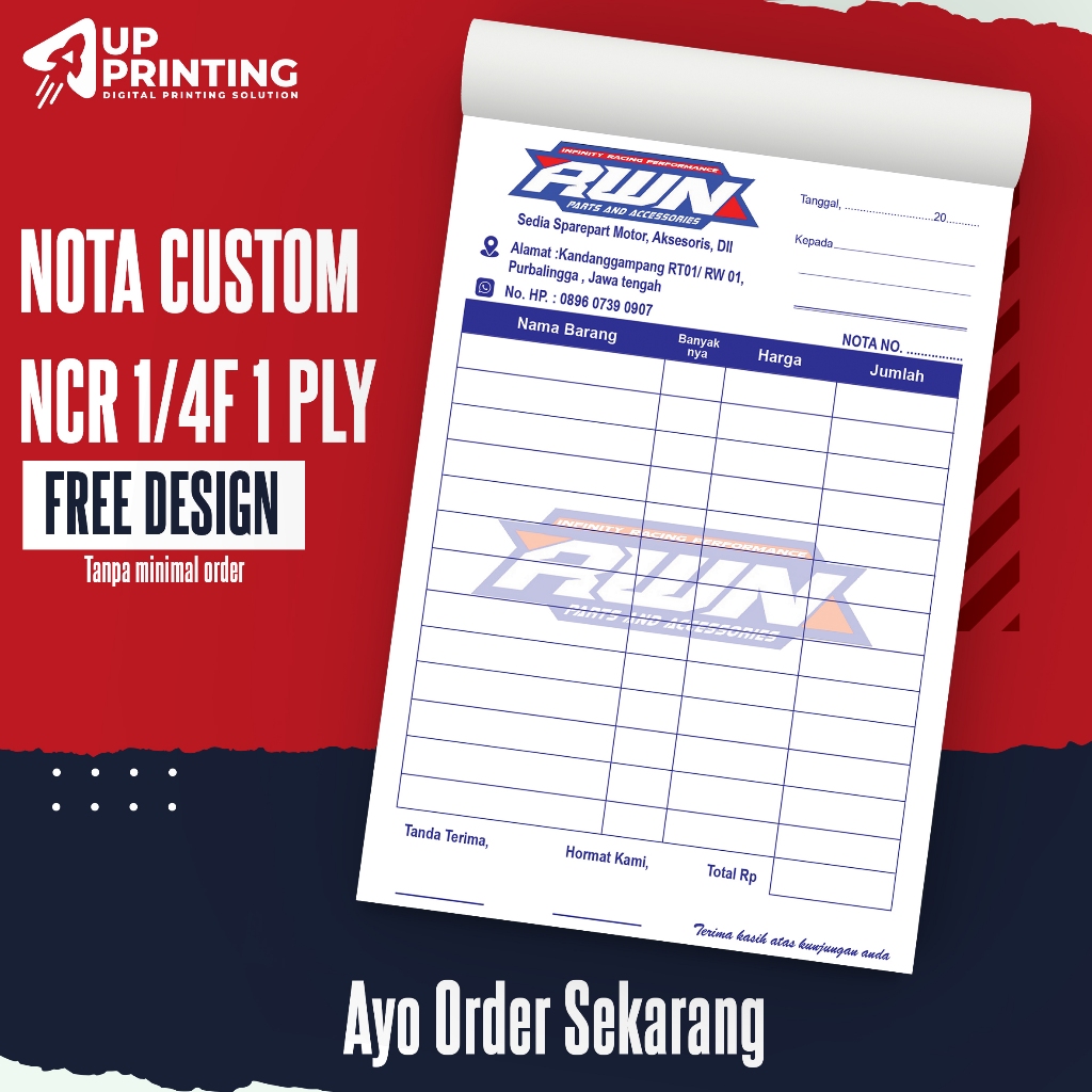 Jual CETAK NOTA CUSTOM NCR 1 RIM 1PLY UKURAN 1/6F 1/4F 1/3/F 1/2F ...