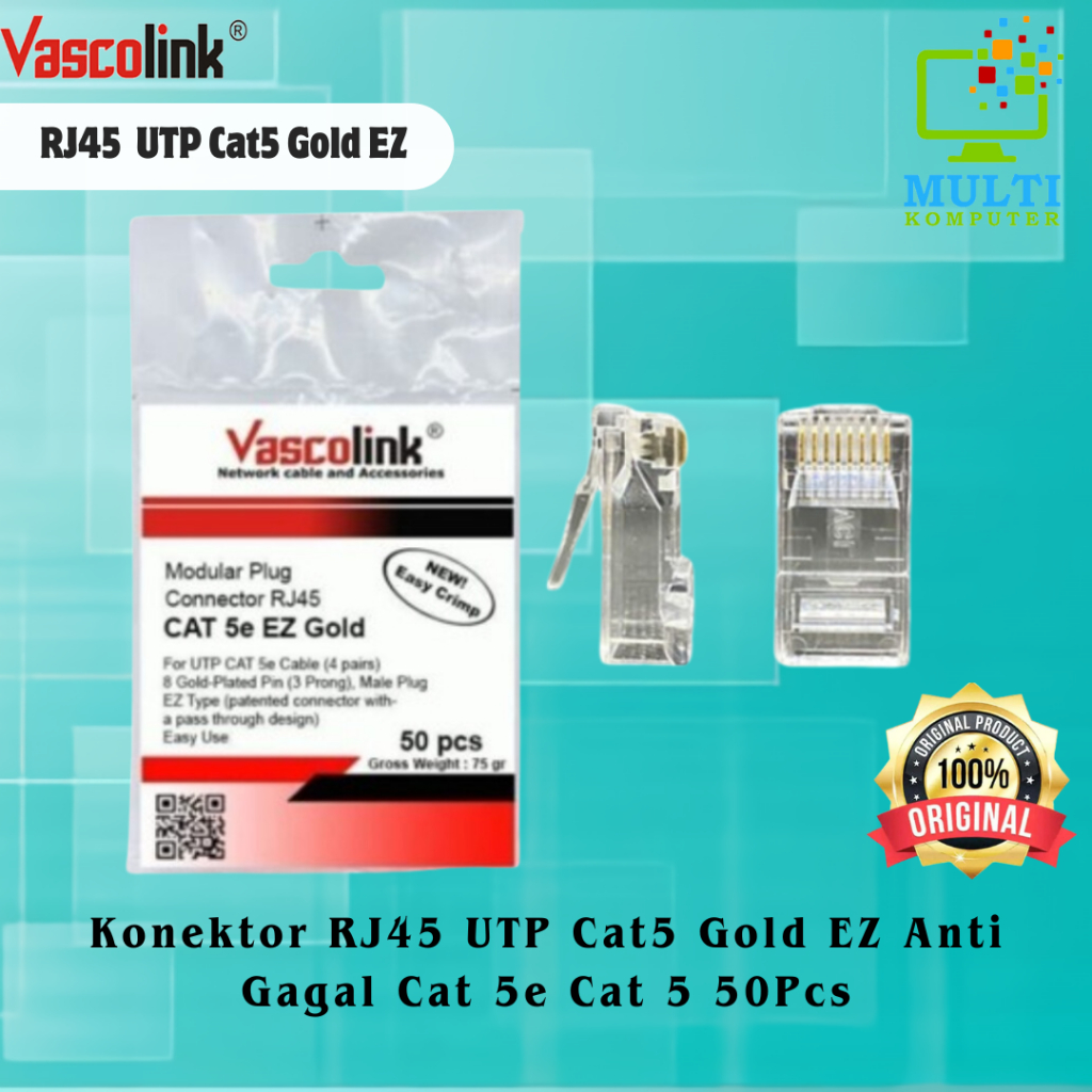 Jual Konektor RJ45 Vascolink UTP Cat5 Gold EZ Anti Gagal Cat 5e Cat 5 ...