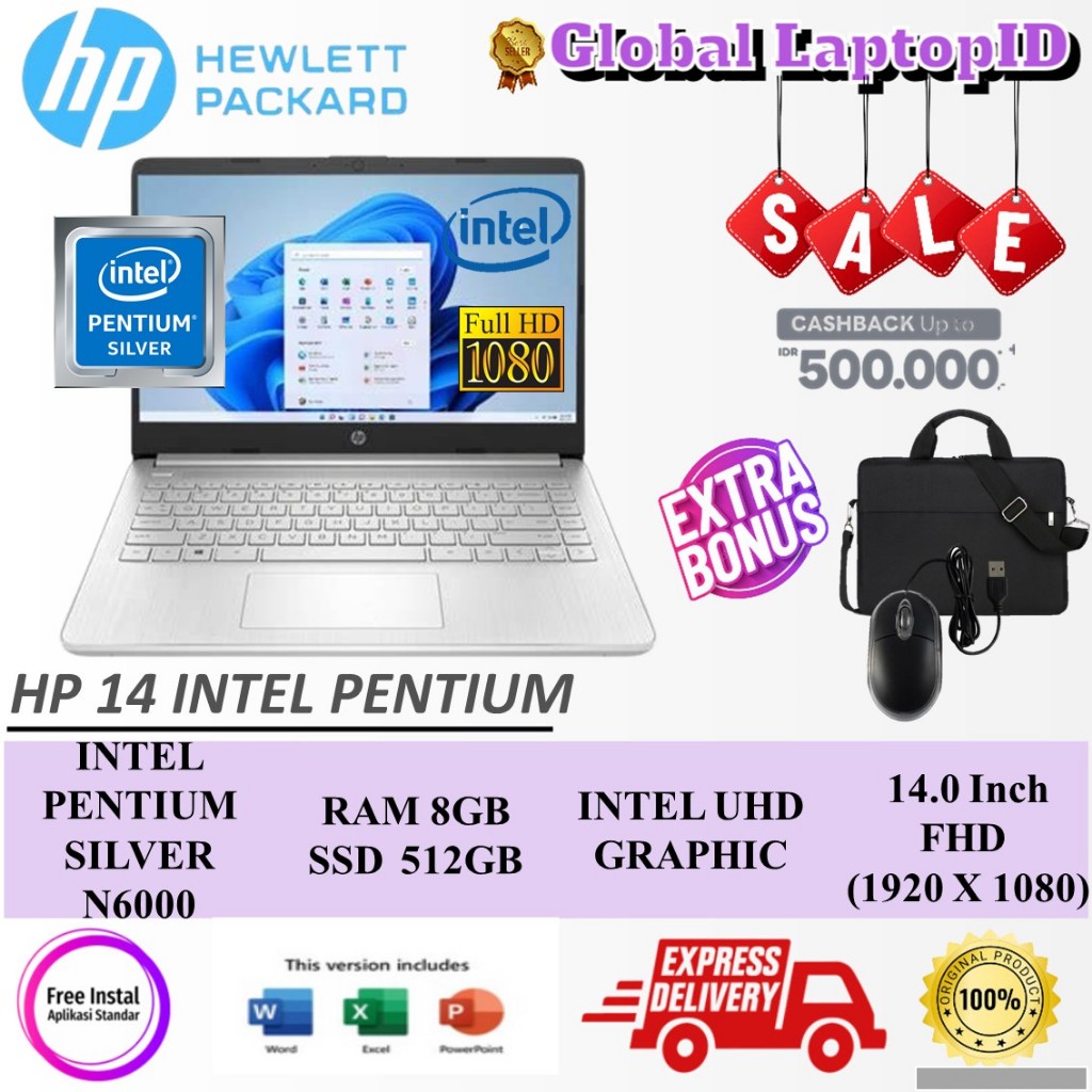 Jual Laptop Slim HP 14 Intel Pentium Silver N6000 RAM 8GB 512GB SSD 14 ...
