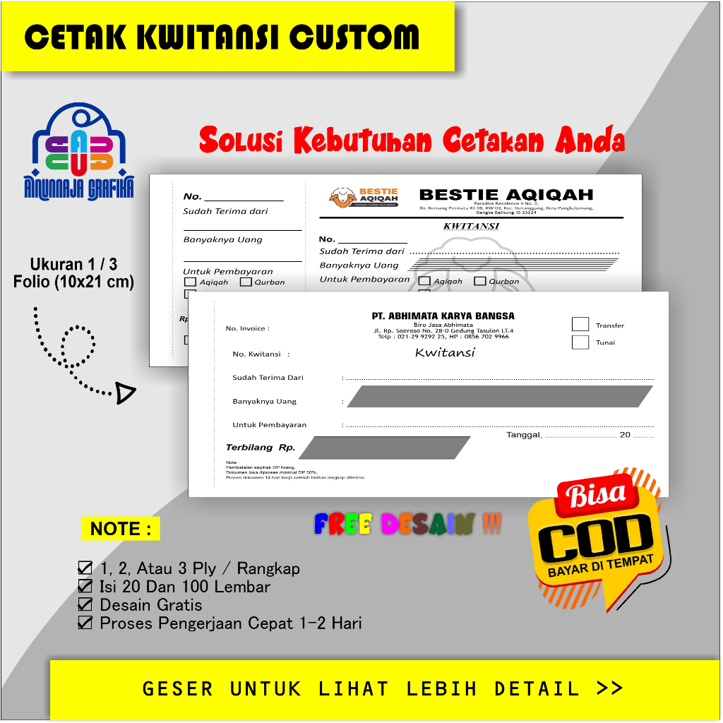 Jual Kwitansi Custom , cetak Kwitansi Custom ukuran 1/3 Folio atau 10 x ...