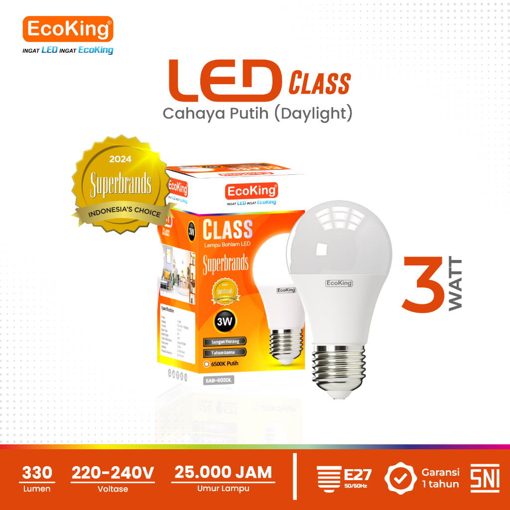 Jual EcoKing Lampu Bohlam Rumah Light Bulb LED Class 3W Cahaya Putih ...