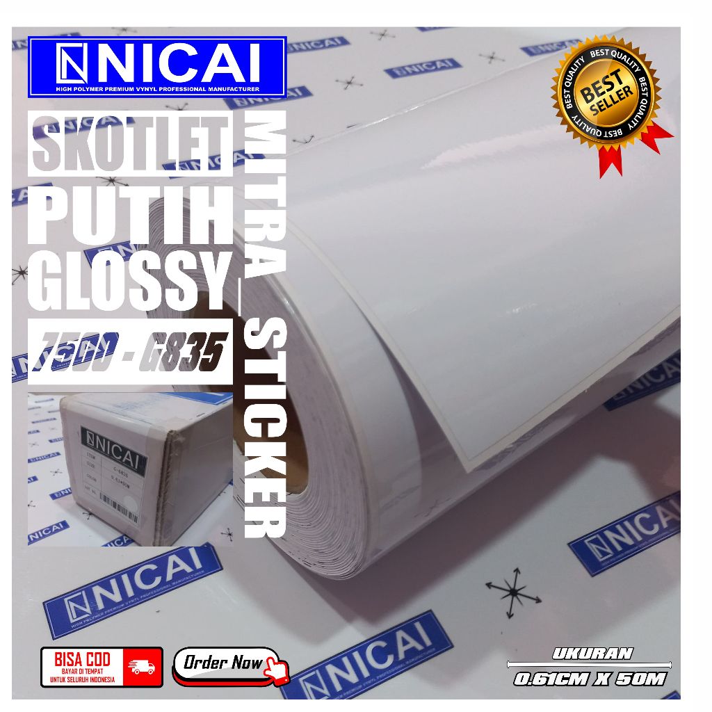 Jual NICAI STICKER PUTIH GLOSSY UKURAN 0,61 x 50 M ROLL | Shopee Indonesia