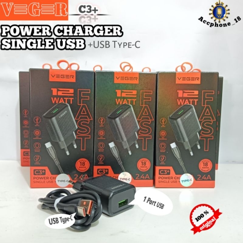Jual VEGER C3+ Type-C POWER CHARGER Single USB With Data Cable Type-C 2 ...