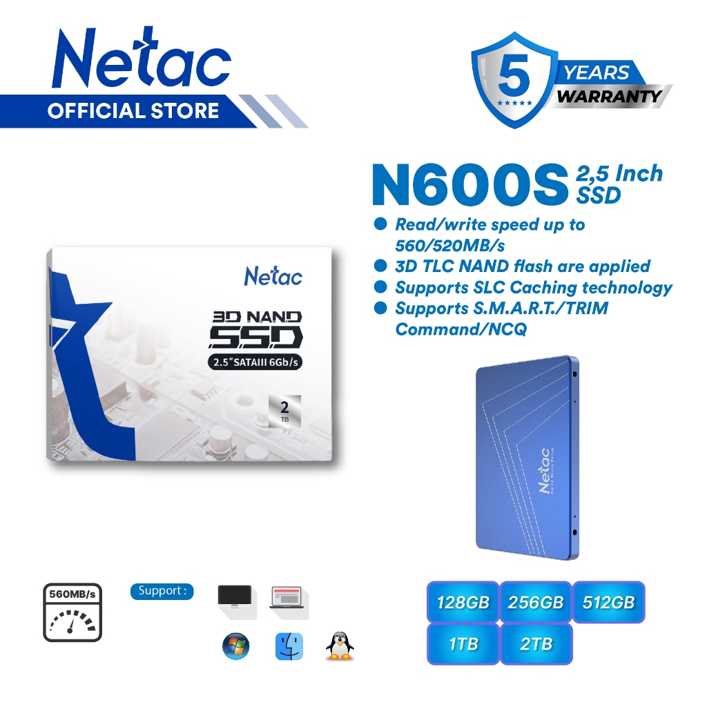 Jual Netac N600S 2.5 SATAIII 3D NAND SSD 128GB/256GB/512GB R/W up to 510-540/440-490MB/s ...