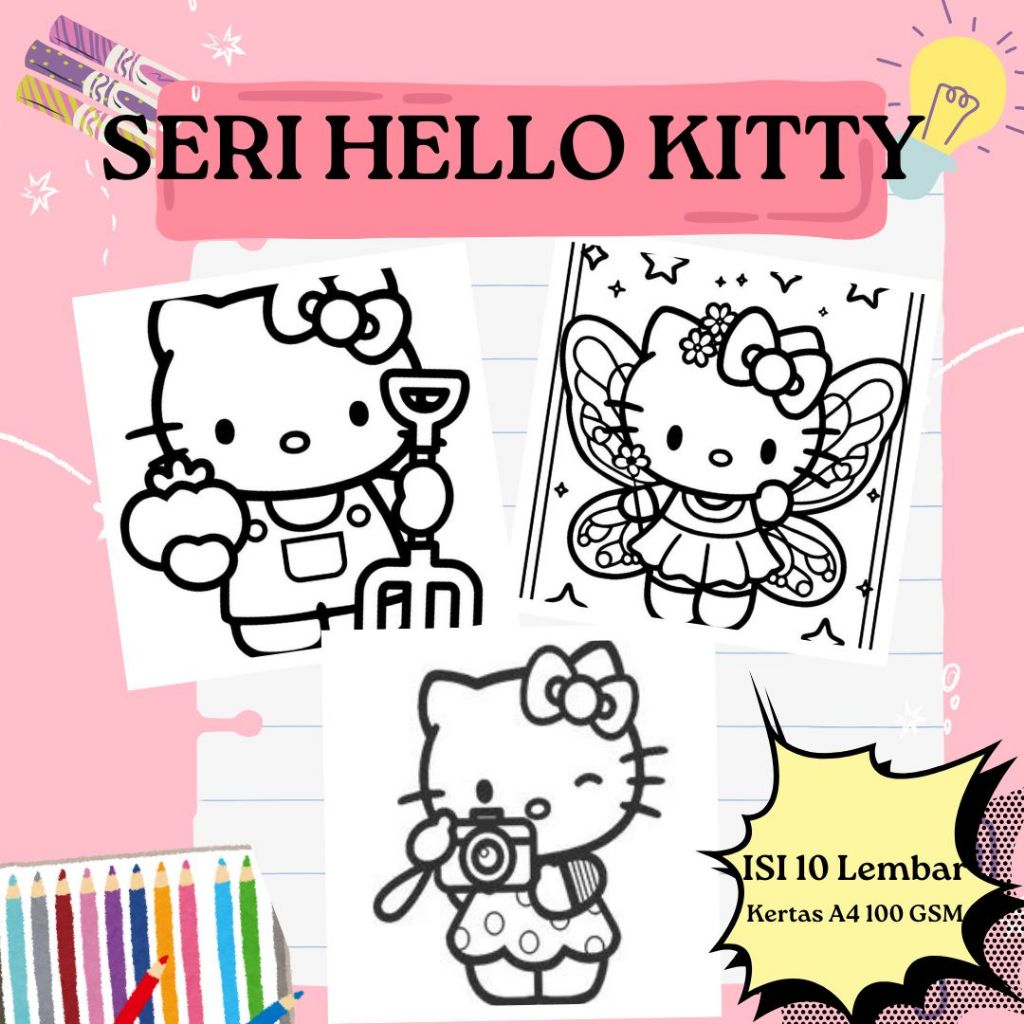 Jual 10 Lembar kertas mewarnai anak ukuran A4 100 gsm seri Hellokitty | Shopee Indonesia