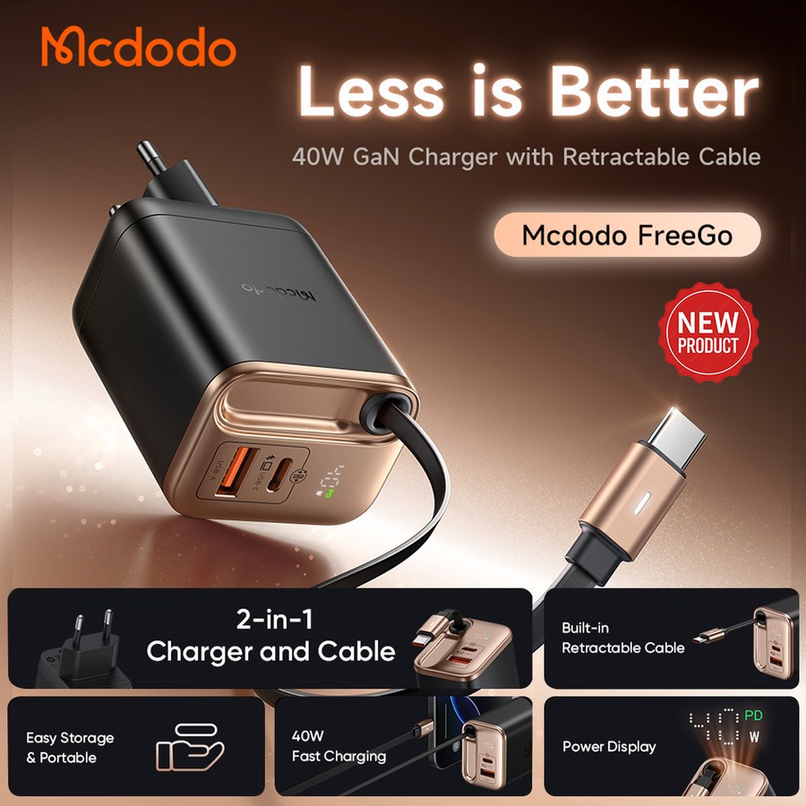Jual MCDODO FreeGo Charger GaN Type C 40W Fast Charging Built-in Cable PD3.0 PPS QC4.0 | Shopee ...