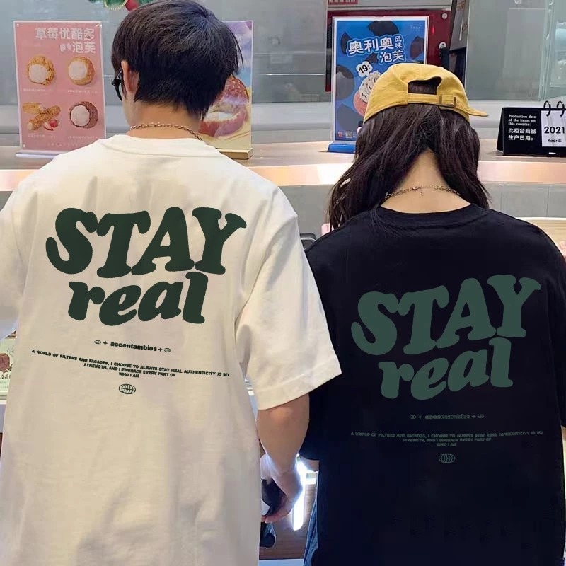 Jual HHHM Baju Kaos Couple Korean Style Oversize Stay Real | T-Shirt Atasan Lengan Pendek Cewek ...
