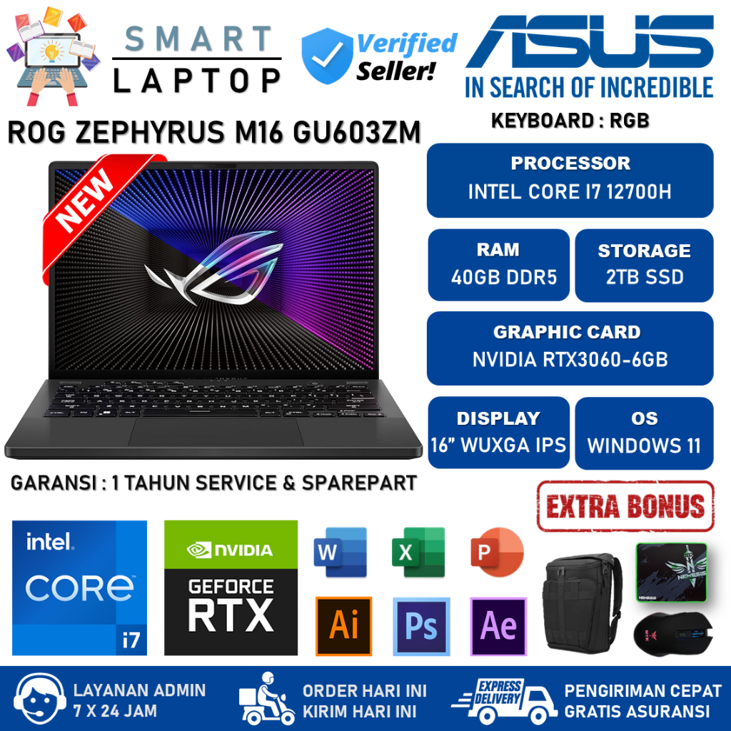 Jual Laptop Asus ROG Zephyrus M16 GU603ZM Intel Core i7 12700H 40GB DDR5 2TB SSD RTX3060-6GB ...
