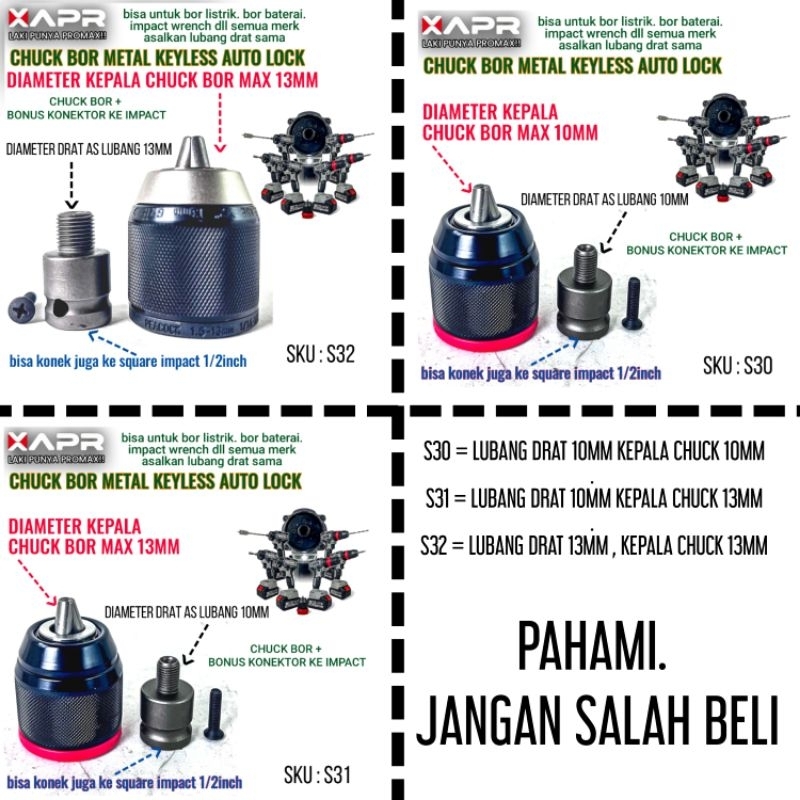 Jual PROMO MENARIK Apr 10mm & 13mm Kepala bor keyless metal auto lock ...