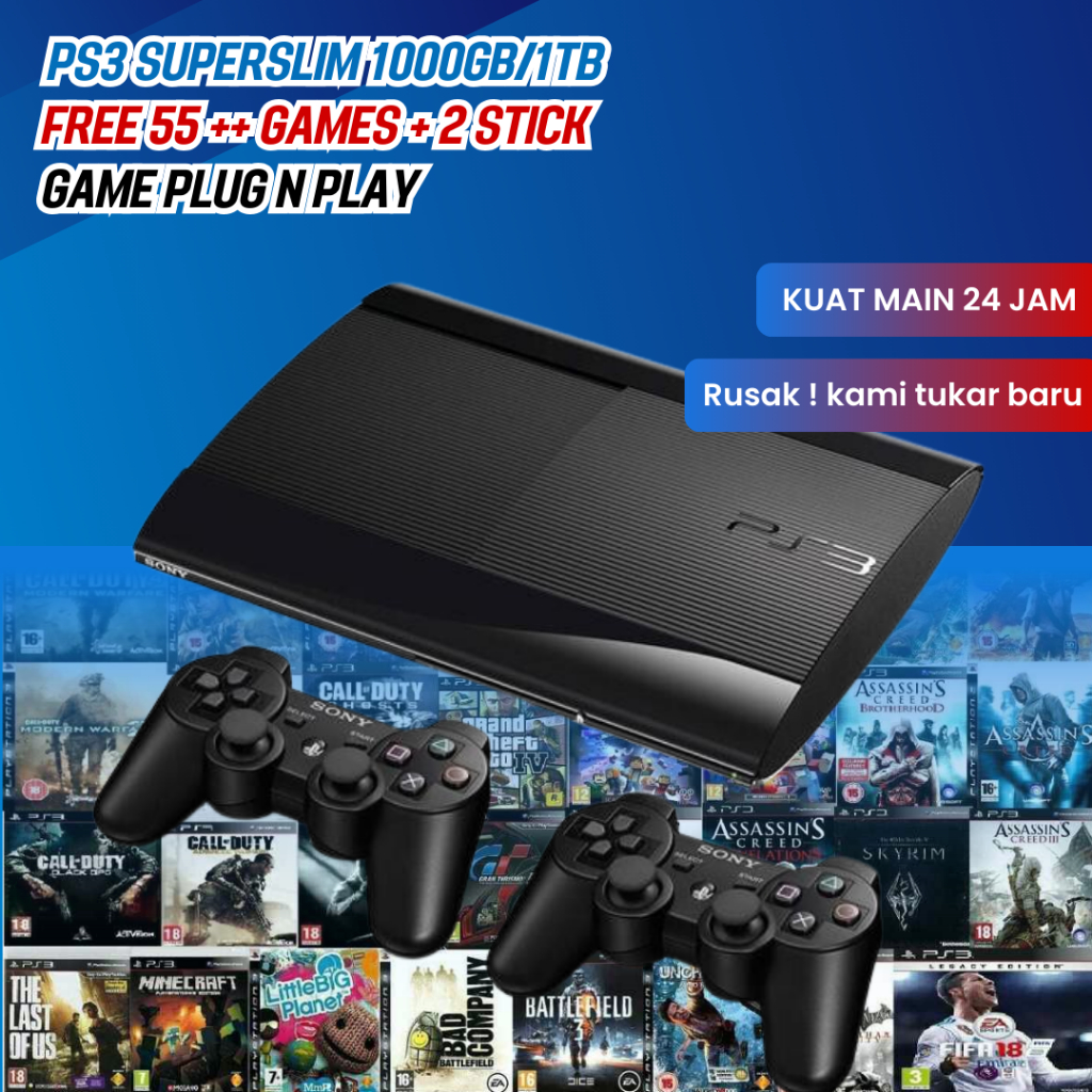 Jual New PS3 500GB SuperSlim Ori Void Full Games + 2 Stik | Garansi 1 Tahun | Shopee Indonesia