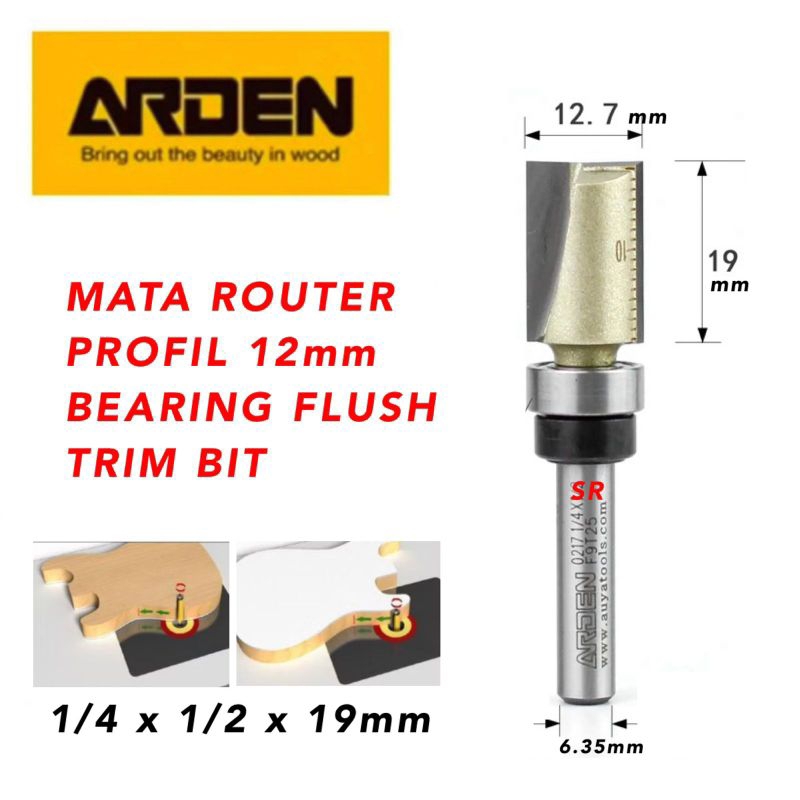 Jual Mata Router/ Profil 12mm × 19mm As 1/4 Roda/ Bearing Atas/ Flush ...