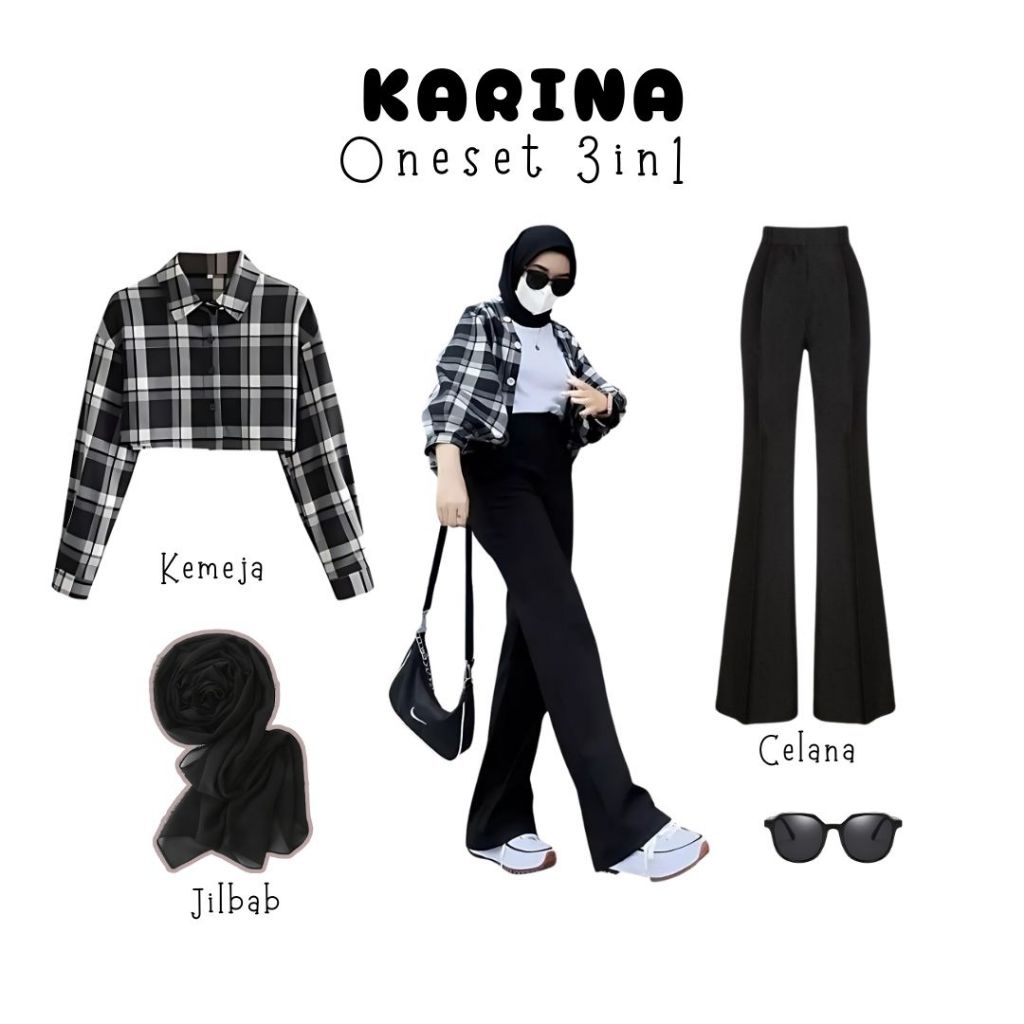 Jual one set 3in1 kemeja crop kotak hitam putih celana kulot cutbray scuba highwaist hitam ...