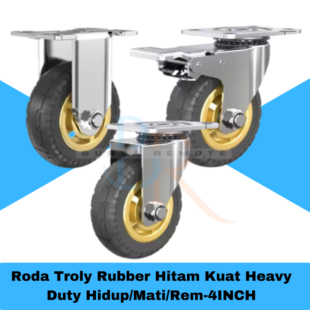 Jual Roda Troly Rubber Hitam Kuat Heavy Duty Hidup/Mati/Rem-4INCH ...