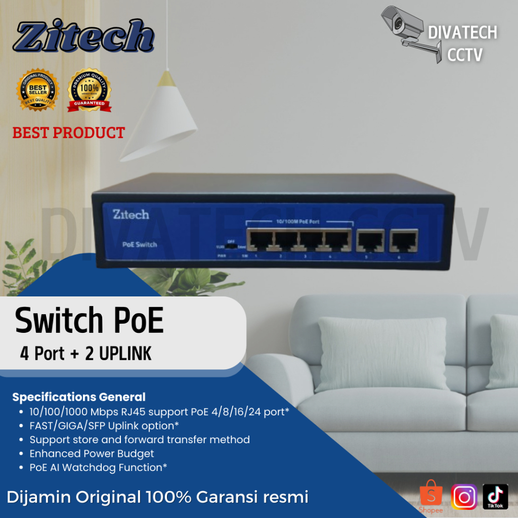 Jual SWITCH POE ZITECH 4 PORT + 2 UPLINK 10/100/MBPS -POE FOR IP CAMERA BEST PRODUCT | Shopee ...