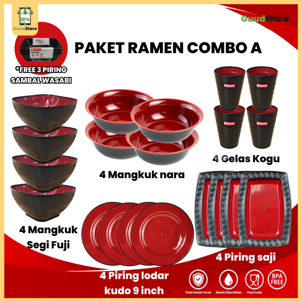 Jual 23 Pcs Paket Lebaran piring mangkuk gelas Ramen merah hitam set ...