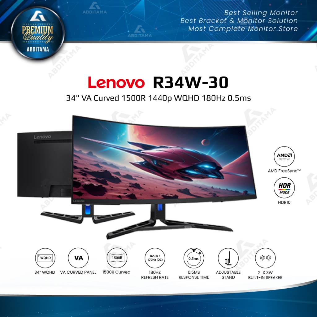 Jual Monitor LED LENOVO LEGION R34W-30 34" VA Curved 1500R 3440x1440 ...