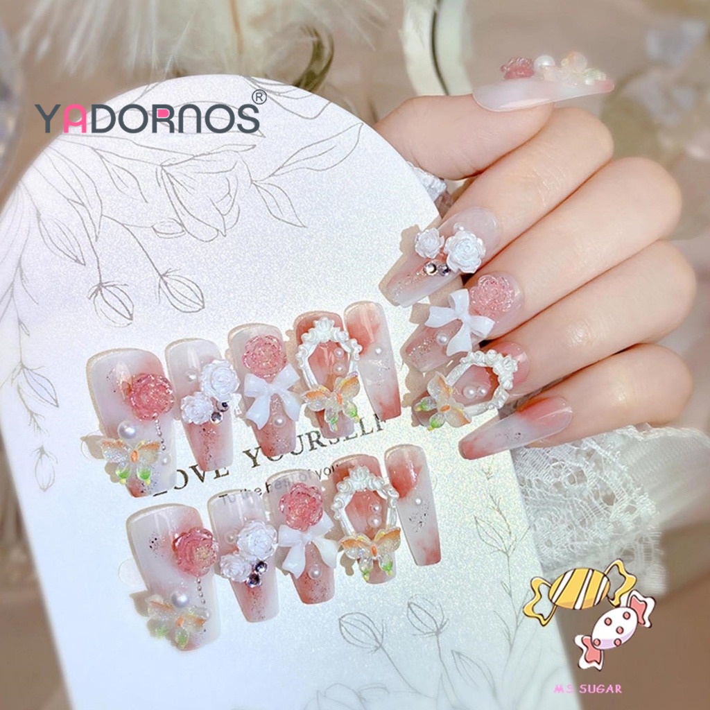 Jual YADORNOS 24pcs Bow Camellia Patch Kuku Palsu - 3D Bow Nail Art ...