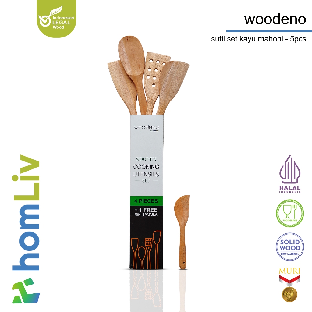 Jual homLiv Sutil Kayu Mahoni 5 in 1 Set Wooden Cooking Utensils ...