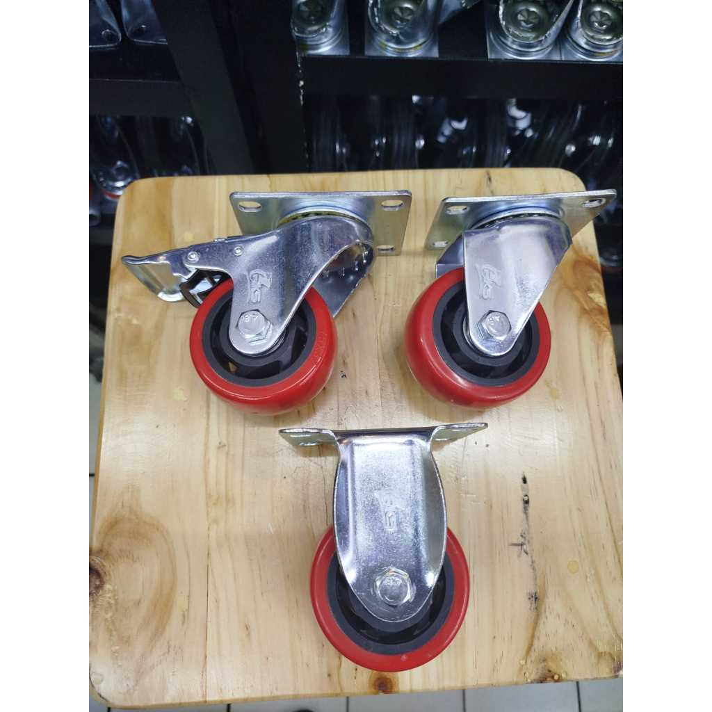 Jual RKS - Roda 3 inch Hidup Mati Rem PU Merah Heavy Duty + Double ...