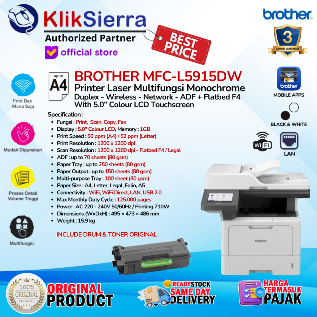 Jual BROTHER MFC-L5915DW Printer All in One Laser Monochrome Wireless ...