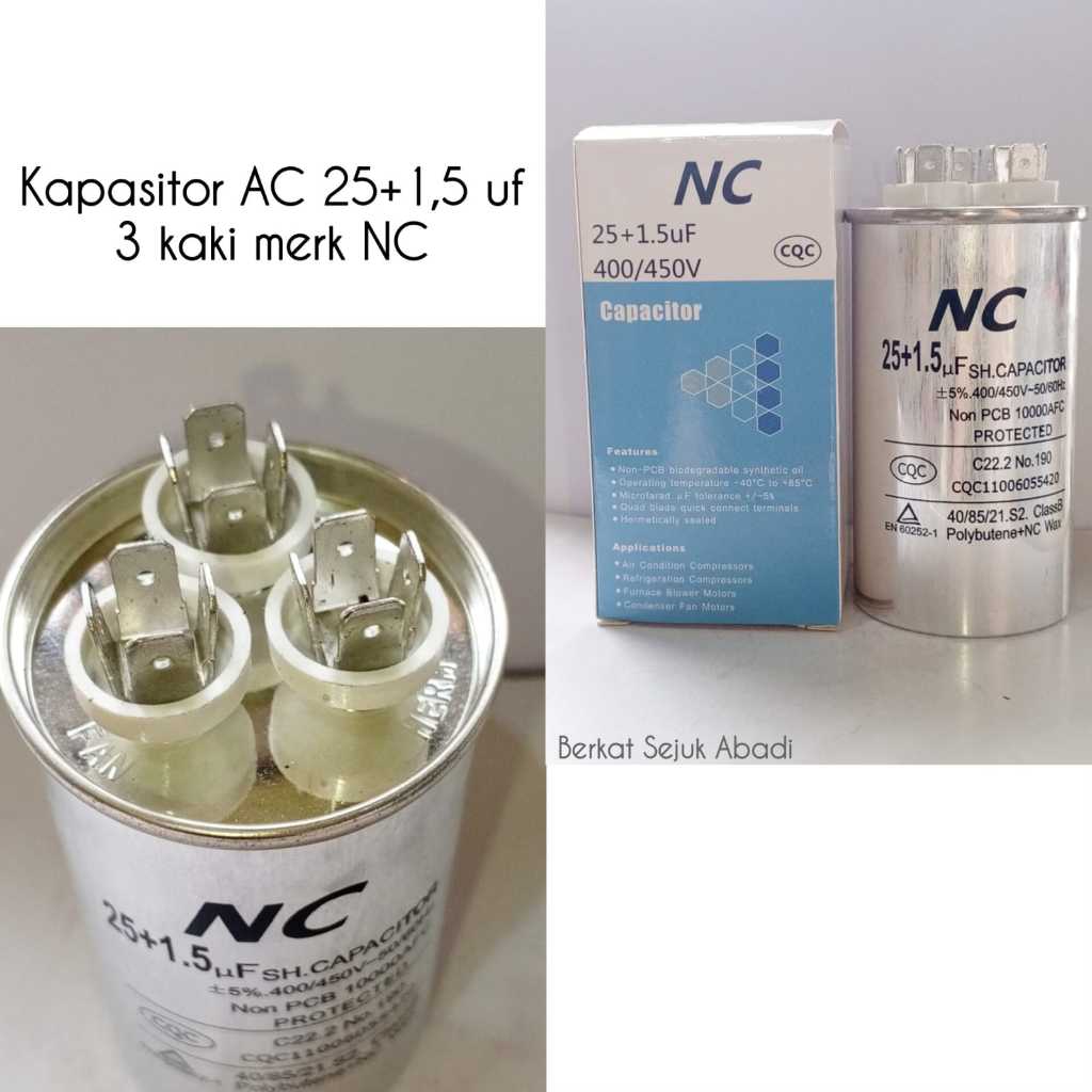 Jual Kapasitor AC 25+1,5 uf merk NC kaki 3 / Capasitor AC 25+1,5 uf kaki 3 | Shopee Indonesia