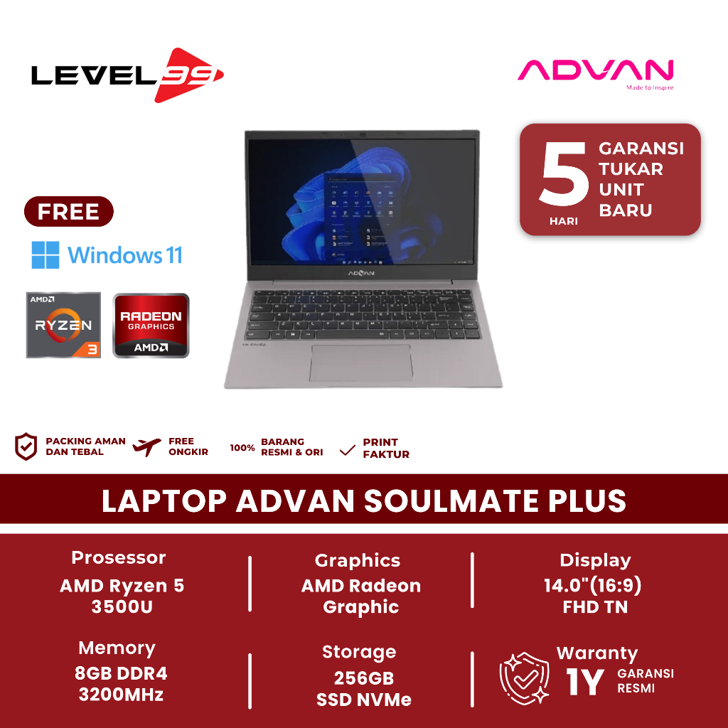 Jual LAPTOP ADVAN SOULMATE PLUS AMD RYZEN 5 3500U 8/256GB 14" HD WIN11 | Shopee Indonesia