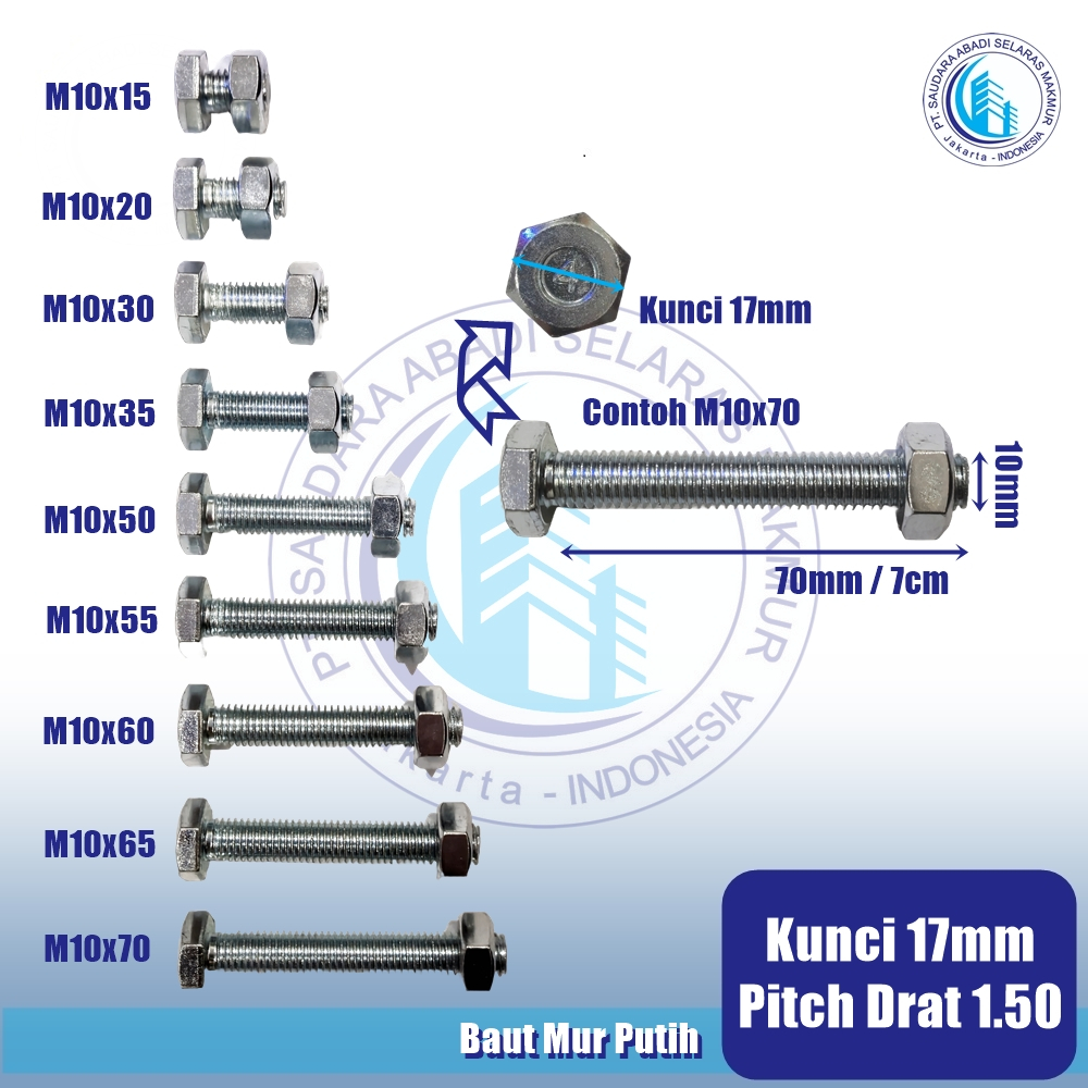 Jual Baut Mur Putih M10 | M10x15 | M10x20 | M10x30 | M10x35 | M10x50 | M10x55 | M10x60 | M10x65 ...