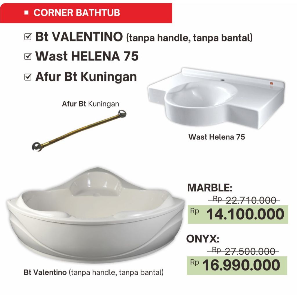 Jual Halmar Paket Bathtub Sudut Valentino 130 Marble + Wastafel Helena ...