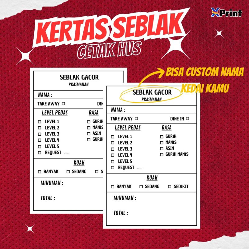 Jual (100PCS) V1 kertas pesan seblak prasmanan / kertas order seblak ...
