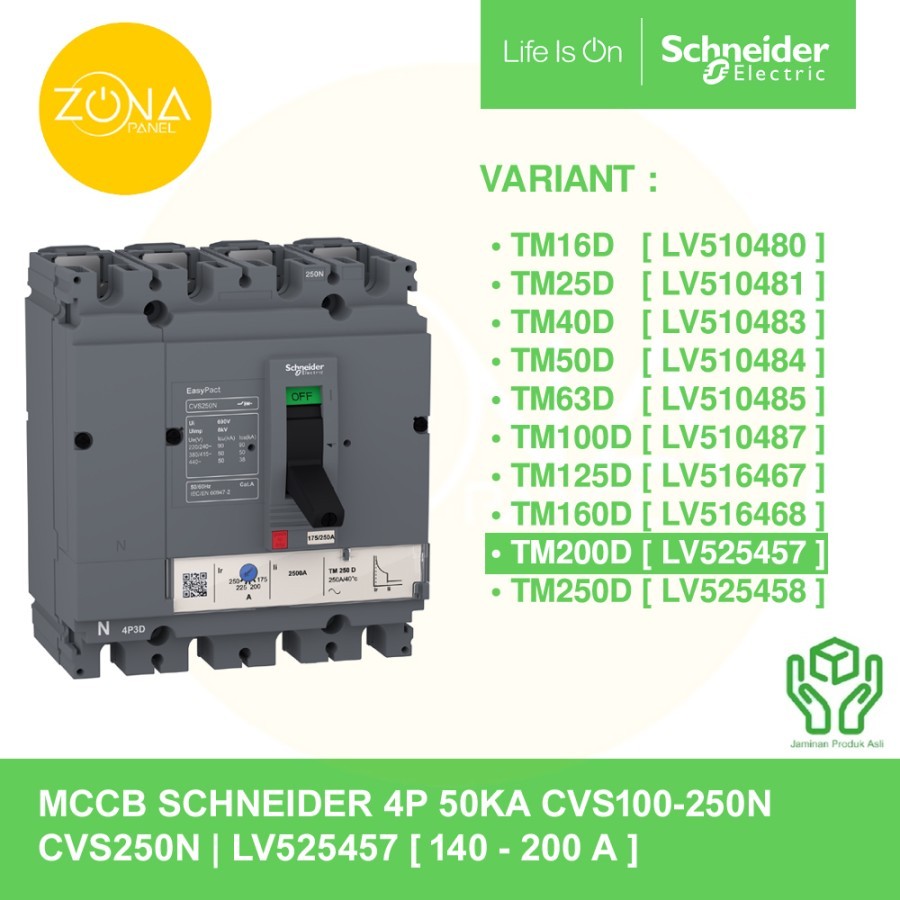 Jual MCCB SCHNEIDER EASYPACT CVS250N 4P 200A 25KA TMD TM200D LV525457 ...